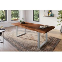 Esstisch 200 x 100 cm Akazie massiv nussbaum Baumkantentisch U-Gestell silber ATLAS