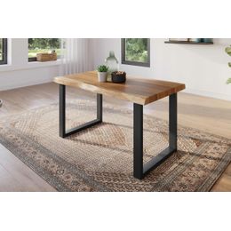 Esstisch 120 x 80 cm Akazie massiv natur Baumkantentisch U-Gestell schwarz ATLAS