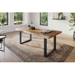 Esstisch 180 x 90 cm Akazie massiv natur Baumkantentisch U-Gestell schwarz ATLAS