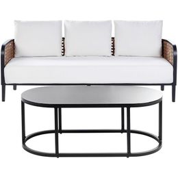 Beliani - Gartensofa mit Tisch 3-Sitzer Schwarz Aluminium Auflagen Cremeweiß Wiener Geflecht Modern Lounge Set Terrasse Balkon Outdoor Gartenzubehör