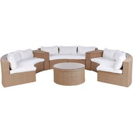 Beliani - Gartenmöbel Set Sandbeige Rattan u. Aluminium Halbrund Modern 9-Sitzer Sofa mit Couchtisch Kissen Weiß Terrasse Outdoor Lounge Set 6-Teilig