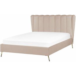 Beliani - Polsterbett Taupe aus Samt 140 x 200 cm mit USB-Anschluss Hohes Kopfteil Goldene Beine Elegant Modern Luxuriös Samtbett für Schlafzimmer