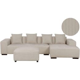 Beliani 4-Sitzer Ecksofa Beige Stoffbezug Cord L-Förmig mit Ottomane Chaiselongue Linksseitig 4 Dekokissen Modern Wohnzimmer Wohnlandschaft Sofa