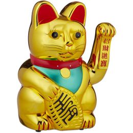 Winkekatze, xl Maneki Neko, batteriebetriebene winkende Pfote, Glücksbringer für Reichtum, Erfolg, 30 cm, gold - Relaxdays