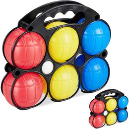 Relaxdays 2 x Boccia Spiel, 12 Petanque Kugeln in 3 Farben, Kunststoff, mit 2 Zielkugeln & Tragekorb, Boule Set für Kinder, bunt