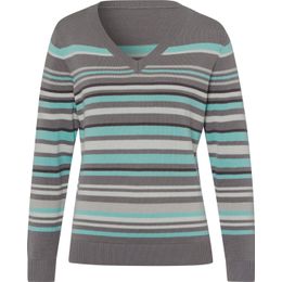 Damen V-Ausschnitt-Pullover im Ringel-Dessin grau-mint-geringelt, Gr&ouml;&szlig;e 56