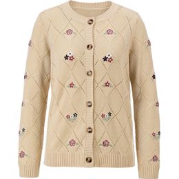 CR&Eacute;ATION L Damen Ajourstrickjacke mit Bl&uuml;tenstickereien sand Gr&ouml;&szlig;e 38