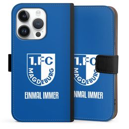 DeinDesign iPhone 14 Pro Handy Klapph&uuml;lle Handyh&uuml;lle aus Kunst Leder schwarz Flip Case Coat Of Arms Official Licensed Product 1. Fc Magdeburg Sideflip mit langer