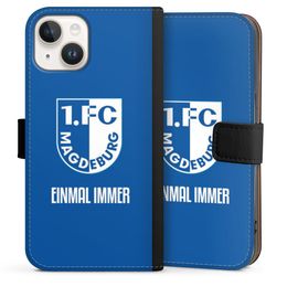 DeinDesign iPhone 14 Handy Klapph&uuml;lle Handyh&uuml;lle aus Kunst Leder schwarz Flip Case Coat Of Arms Official Licensed Product 1. Fc Magdeburg Sideflip mit Lasche
