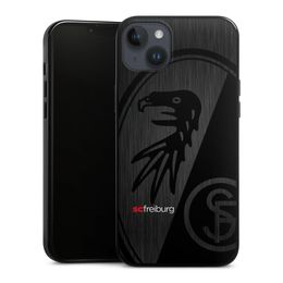 DeinDesign iPhone 14 Plus Handy Silikon H&uuml;lle Case schwarz Handyh&uuml;lle Sc Freiburg Metallic Look Official Licensed Product