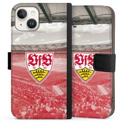 DeinDesign iPhone 14 Handy Klapph&uuml;lle Handyh&uuml;lle aus Kunst Leder schwarz Flip Case Stadium Vfb Stuttgart Official Licensed Product Sideflip mit Lasche
