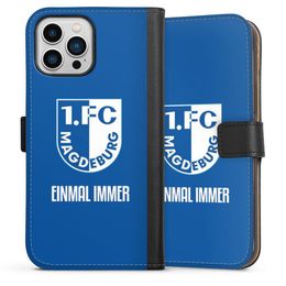 DeinDesign iPhone 13 Pro Max Handy Klapph&uuml;lle Handyh&uuml;lle aus Kunst Leder schwarz Flip Case Coat Of Arms Official Licensed Product 1. Fc Magdeburg Sideflip mit 