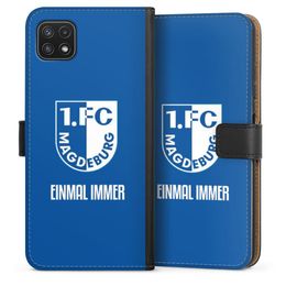 DeinDesign Galaxy A22 5G Handy Klapph&uuml;lle Handyh&uuml;lle aus Kunst Leder schwarz Flip Case Coat Of Arms 1. Fc Magdeburg Official Licensed Product Sideflip mit langer