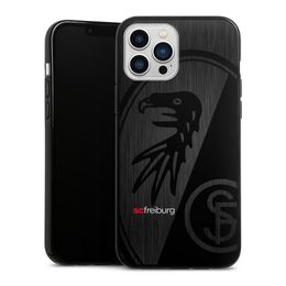DeinDesign iPhone 13 Pro Max Handy Silikon H&uuml;lle Case schwarz Handyh&uuml;lle Sc Freiburg Metallic Look Official Licensed Product