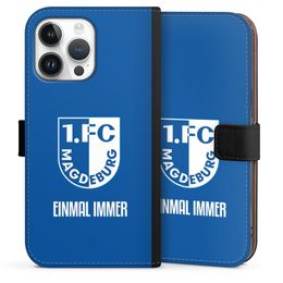 DeinDesign iPhone 14 Pro Max Handy Klapph&uuml;lle Handyh&uuml;lle aus Kunst Leder schwarz Flip Case Coat Of Arms Official Licensed Product 1. Fc Magdeburg Sideflip mit 