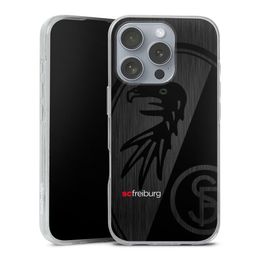 DeinDesign iPhone 16 Pro Handy Silikon H&uuml;lle Case transparent Handyh&uuml;lle Sc Freiburg Metallic Look Official Licensed Product Silikon Case