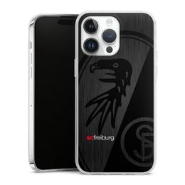 DeinDesign iPhone 14 Pro Max Handy Silikon H&uuml;lle Case transparent Handyh&uuml;lle Sc Freiburg Metallic Look Official Licensed Product Silikon Case