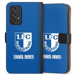 DeinDesign Galaxy A53 5G Handy Klapph&uuml;lle Handyh&uuml;lle aus Kunst Leder schwarz Flip Case Coat Of Arms 1. Fc Magdeburg Official Licensed Product Sideflip mit langer