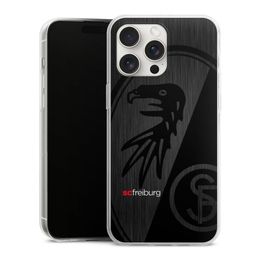 DeinDesign iPhone 15 Pro Max Handy Silikon H&uuml;lle Case transparent Handyh&uuml;lle Sc Freiburg Metallic Look Official Licensed Product Silikon Case