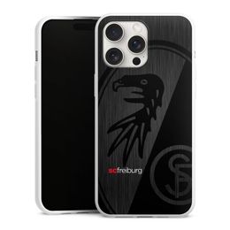 DeinDesign iPhone 15 Pro Max Handy Silikon H&uuml;lle Case wei&szlig; Handyh&uuml;lle Sc Freiburg Metallic Look Official Licensed Product Silikon Case