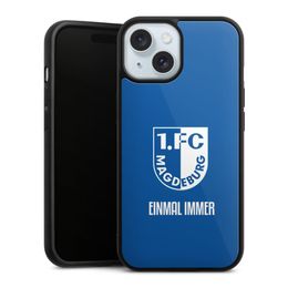 DeinDesign iPhone 15 Handy Gallery Case Handyh&uuml;lle 9H Geh&auml;rtetes Glas R&uuml;ckseite H&uuml;lle Coat Of Arms Official Licensed Product 1. Fc Magdeburg Gallery Case