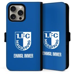 DeinDesign iPhone 16 Pro Handy Klapph&uuml;lle Handyh&uuml;lle aus Kunst Leder schwarz Flip Case Coat Of Arms Official Licensed Product 1. Fc Magdeburg Sideflip mit Lasche