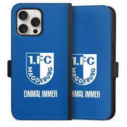 DeinDesign iPhone 15 Pro Max Handy Klapph&uuml;lle Handyh&uuml;lle aus Kunst Leder schwarz Flip Case Coat Of Arms Official Licensed Product 1. Fc Magdeburg Sideflip mit 