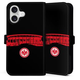 DeinDesign iPhone 16 Handy Klapph&uuml;lle Handyh&uuml;lle aus Kunst Leder schwarz Flip Case Official Licensed Product Eintracht Frankfurt Stadium Sideflip mit Lasche