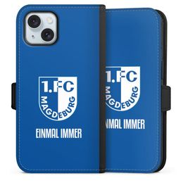 DeinDesign iPhone 15 Handy Klapph&uuml;lle Handyh&uuml;lle aus Kunst Leder schwarz Flip Case Coat Of Arms Official Licensed Product 1. Fc Magdeburg Sideflip mit Lasche