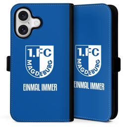 DeinDesign iPhone 16 Handy Klapph&uuml;lle Handyh&uuml;lle aus Kunst Leder schwarz Flip Case Coat Of Arms Official Licensed Product 1. Fc Magdeburg Sideflip mit Lasche