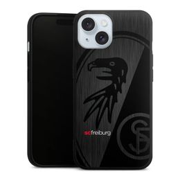 DeinDesign iPhone 15 Handy Premium Silikon H&uuml;lle Handyh&uuml;lle schwarz Case Sc Freiburg Metallic Look Official Licensed Product Silikon Premium Case