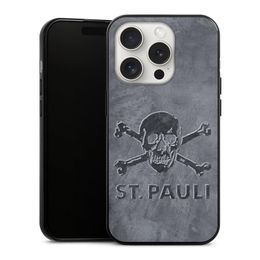 DeinDesign iPhone 15 Pro Handy Slim Case extra d&uuml;nn Silikon Handyh&uuml;lle schwarz H&uuml;lle Logo Fc St. Pauli Concrete Silikon Slim Case