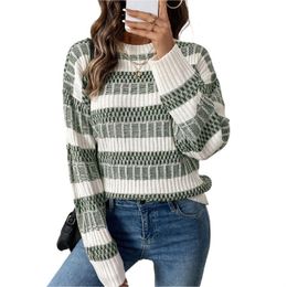 Zoclack Strickpullover Damen Lässiger Rundhalspullover Streifenpullover mit Colorblocking, grün, M