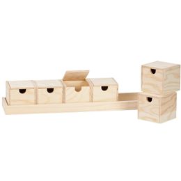 buttinette Sortierboxen mit Tablett aus Holz, 50,8 cm, 6 Boxen