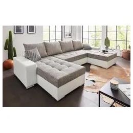 Wohnlandschaft Collection AB "Josy U-Form" Sofas Gr. B/H/T: 313cm x 84cm x 161cm, Kunstleder SOFTLUX-Struktur, Recamiere beidseitig montierbar, XL-mit Bettfunktion und Bettkasten, grau (weiß, grau) inkl. Bettfunktion, Bettkasten und Zierkissen, mit 2 XL-Recamieren