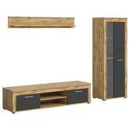 Wohnzimmer-Set Inosign "Aosta, Breite 235cm, bestehend aus Lowboard, Wandboard, Vitrine" Kastenmöbel-Sets Gr. B/H/T: 235cm x 159cm x 35cm, grau (wotan eiche / grau)