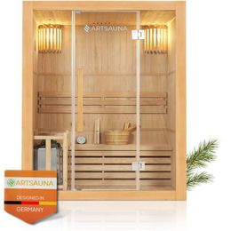 Artsauna - Saunakabine Tampere mit Harvia Ofen – 2 Personen – Hemlock Holz, große Glasfront und led Licht – Inkl. Thermometer & Sanduhr – Komplett Set