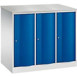 C+P Garderobenschrank Resisto, 3 Abteile, 3 Fächer, B 1148 x T 640 x H 1077 mm, Lichtgrau/Enzianblau