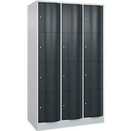 C+P Schließfachschrank Resisto, 3 Abteile, 12 Fächer, B 1148 x T 640 x H 1950 mm, Lichtgrau/Anthrazitgrau