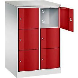 C+P Schließfachschrank Resisto, 2 Abteile, 6 Fächer, B 772 x T 640 x H 1255 mm, Lichtgrau/Rubinrot