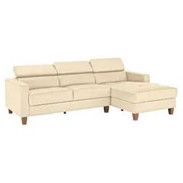 Ecksofa Home Affaire "Luzern, L-Form" Sofas Gr. B/H/T: 251cm x 74cm x 160cm, NaturLEDER-Kunstleder, Recamiere rechts, beige (creme) mit Recamiere verstellbarer Kopfstütze und Holzfüßen