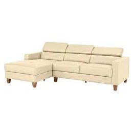 Ecksofa Home Affaire "Luzern, L-Form" Sofas Gr. B/H/T: 251cm x 74cm x 160cm, NaturLEDER-Kunstleder, Recamiere links, beige (creme) mit Recamiere verstellbarer Kopfstütze und Holzfüßen