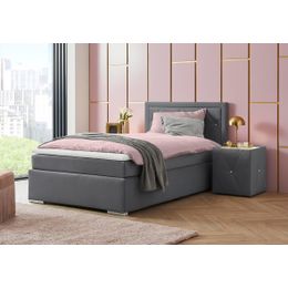 Boxbett LEONIQUE "Alfie, Bestseller, wahlweise mit Bettkasten", grau (anthrazit), L:206cm, Bezug Bett: Samtvelours (100% Polyester), Bezug der Spiegelfläche Matratzendrell aus 100% Polyester. Topperbezug abnehmbar und waschbar bis 30º C, aus 100% Polyester, Komplettbetten, Boxspringbett, mit Straßsteinen im Kopfteil, H2, H3 und H4 wählbar, Topseller