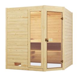 Weka Sauna "Massivholzsauna VALIDA Eck 2" Saunen Blockbohlen, Fensterelement, moderne Ganzglastür Gr. Saunaofen, beige (natur)