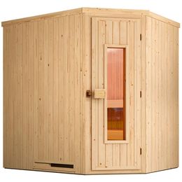 Weka Sauna "Element-Ecksauna VARBERG 1" Saunen vorgefertigte Elemente, isolierte Holztür Gr. Bio-Ofen, externe Steuerung, 7,5 kW, beige (natur)