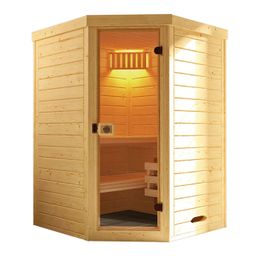 Weka Sauna "Massivholz-Elementsauna LAUK" Saunen Blockbohlen,vorgefertigte Elemente, moderne Ganzglastür Gr. Saunaofen, externe Steuerung, 4,5 kW, beige (natur)