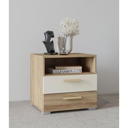 Nachtkommode Home Affaire "Bitry, Breite 46 cm, moderner Nachtschrank mit 2 Schubladen", beige (wildeiche, wildeiche, beige), B:46cm H:45cm T:40,5cm, FSC-zertifizierter Holzwerkstoff, ABS-Kunststoff, Melamin, Kunststoff, Sideboards, Nachttisch, viel Stauraum, offene Fach