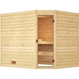 Weka Sauna "Massivholzsauna VALIDA Eck 3" Saunen Blockbohlen, moderne Ganzglastür Gr. Bio-Ofen, beige (natur)