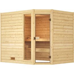 Weka Sauna "Massivholzsauna VALIDA Eck 3" Saunen Blockbohlen, Fensterlement, moderne Ganzglastür Gr. Bio-Ofen, beige (natur)