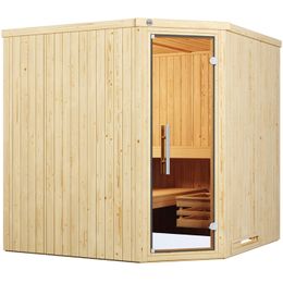 Weka Sauna "Element-Ecksauna VARBERG 3" Saunen vorgefertigte Elemente, moderne Ganzglastür Gr. Saunaofen, externe Steuerung, 7,5 kW, beige (natur)